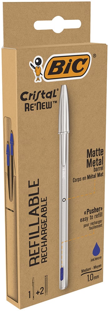 Stylo rechargeable en plastique recyclé + 2 recharges - Bleu - Cristal ...