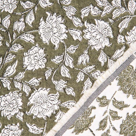 Tissu Jacquard d'ameublement Suri grosses fleurs Blanc sur fond Vert ...
