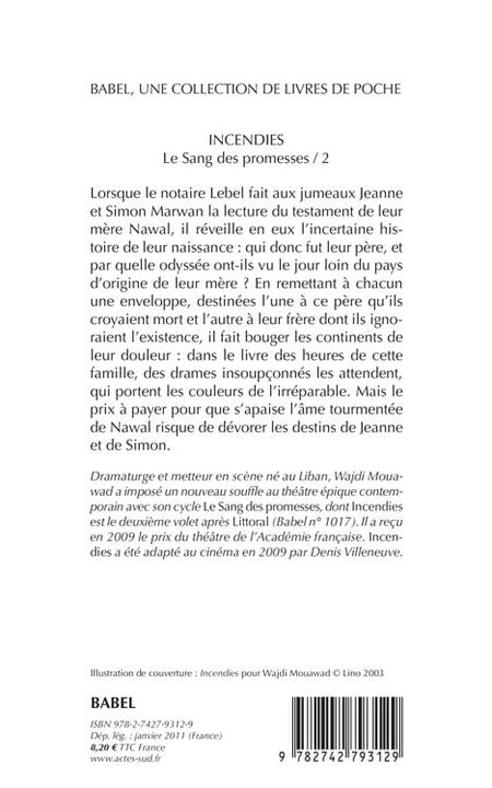 Le sang des promesses t.2 - incendies : Wajdi Mouawad - 2742793127 ...