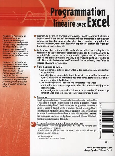 Programmation linéaire avec Excel - 55 problèmes d'optimisation ...