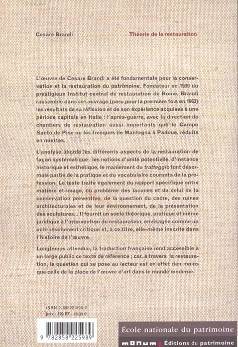 Theorie de la restauration : Cesare Brandi - 2858225982 - Histoire de l ...