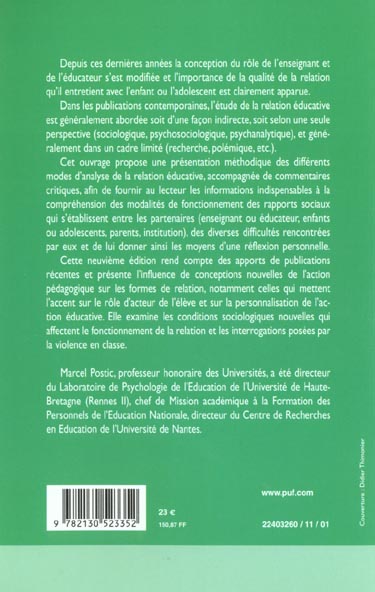 La relation éducative (9e édition) : Marcel Postic - 2130523358 - Annales concours | Cultura
