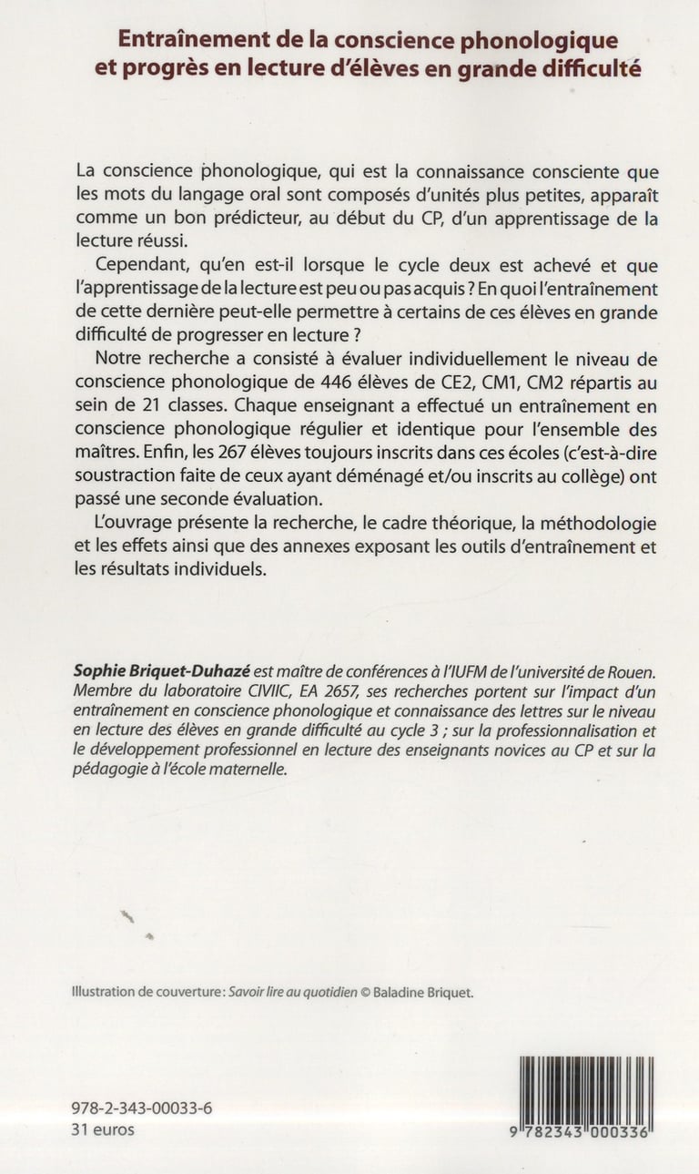 Entraînement de la conscience phonologique et progrès en lecture d ...