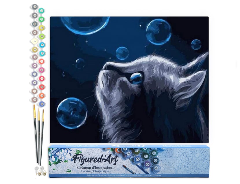 Peinture par Numéro Figured'Art - Chat et Bulles bleues - Kit de Loisir Créatif DIY Numéro d'Art ...