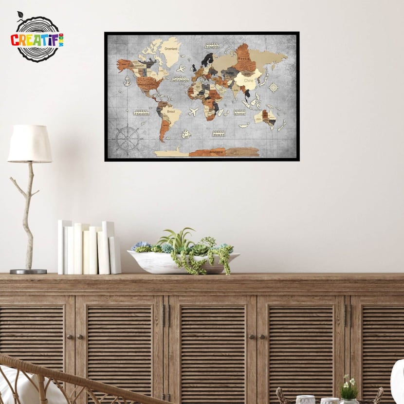 Tableau carte du monde en bois 3D multicolore- Imagerie Murale ...