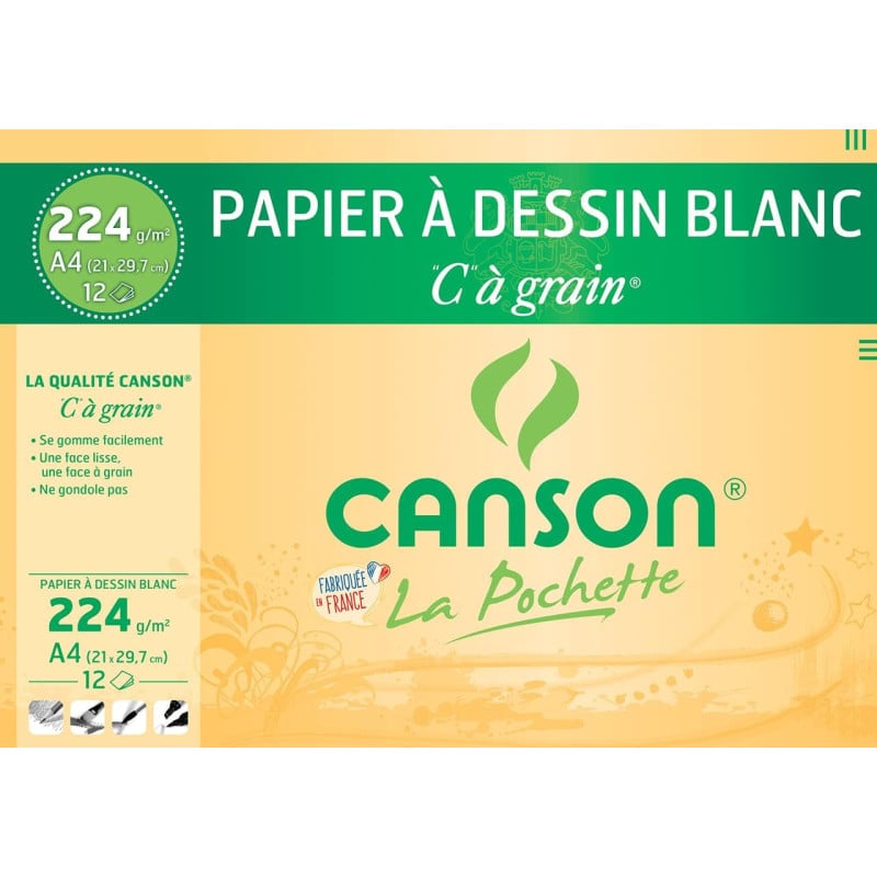 Canson - Papier à dessin - A4 - 21 x 29,7 cm - Blanc - 224g - 12 ...
