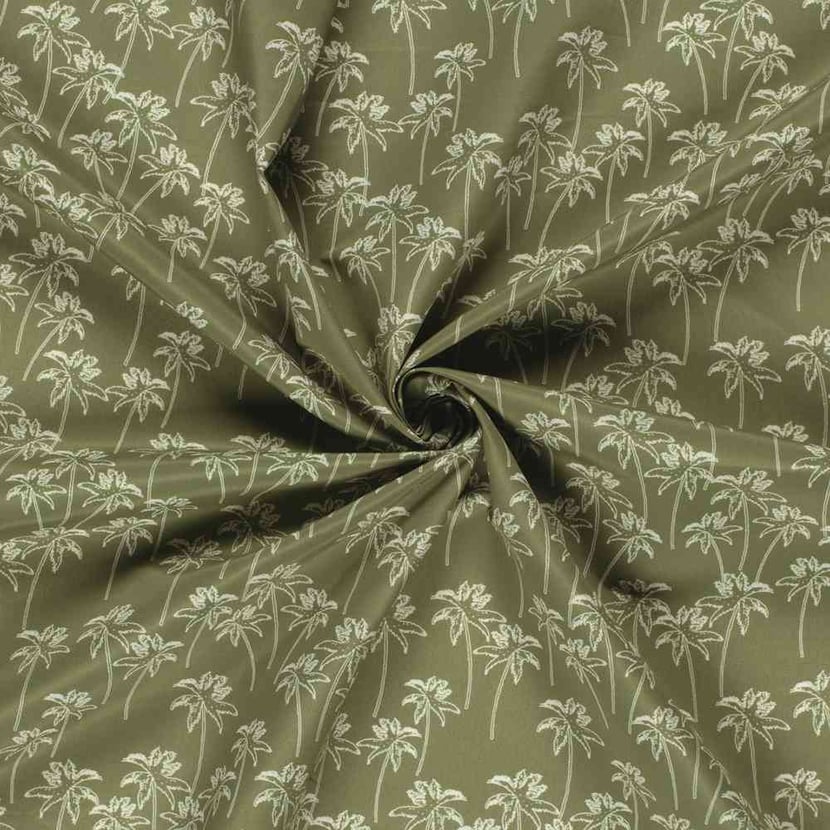Tissu Short de bain déperlant recyclé Palmiers sur fond Vert olive ...