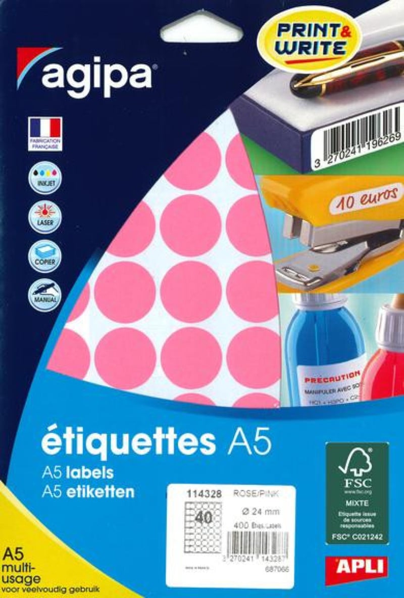 Pastilles rose multi-usage Ø 24 mm 10 feuilles - Etiquettes - Emballage ...