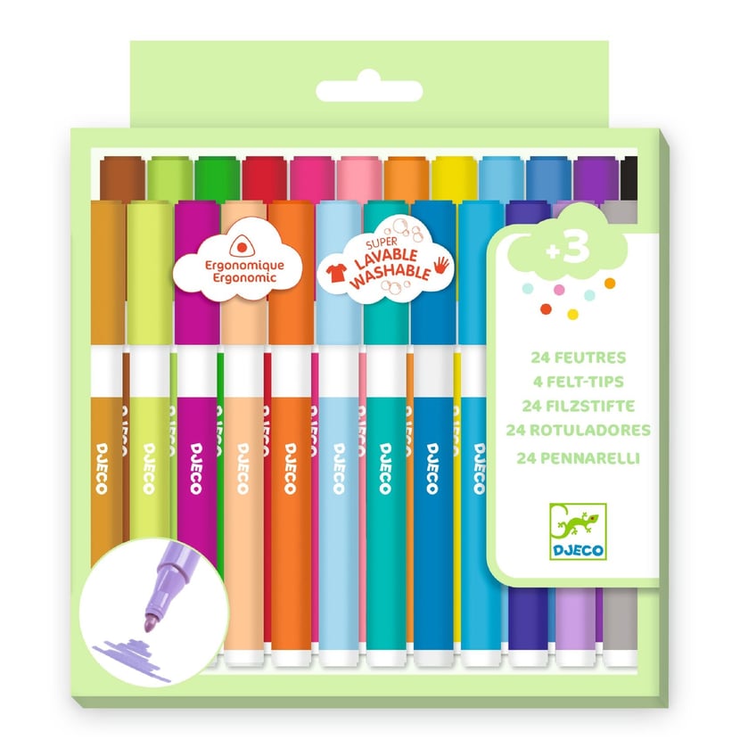 Lot de 24 feutres super lavables - Djeco- Dessin - Coloriage | Cultura